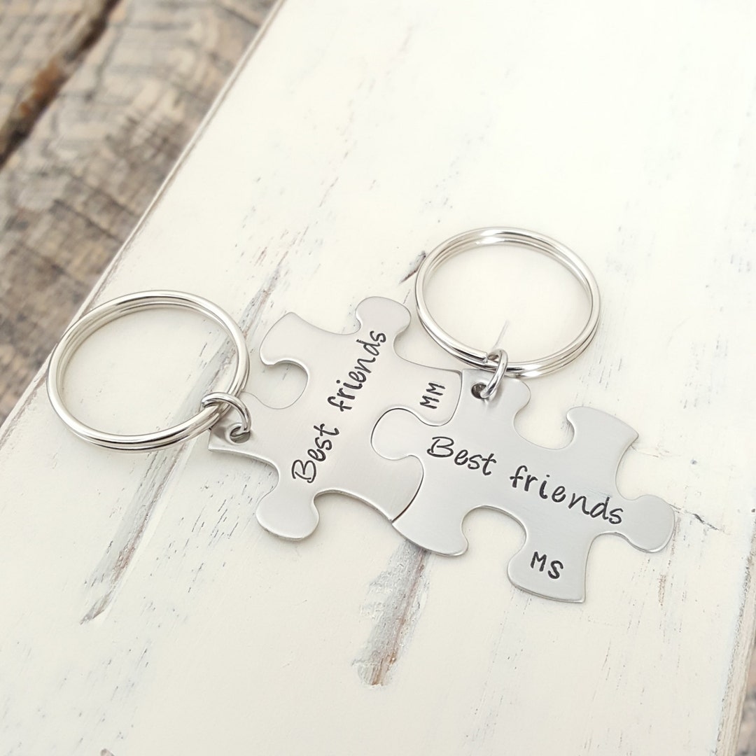 Best Friends Keychains Hand Stamped Puzzle Piece Set Birthday Gift for ...