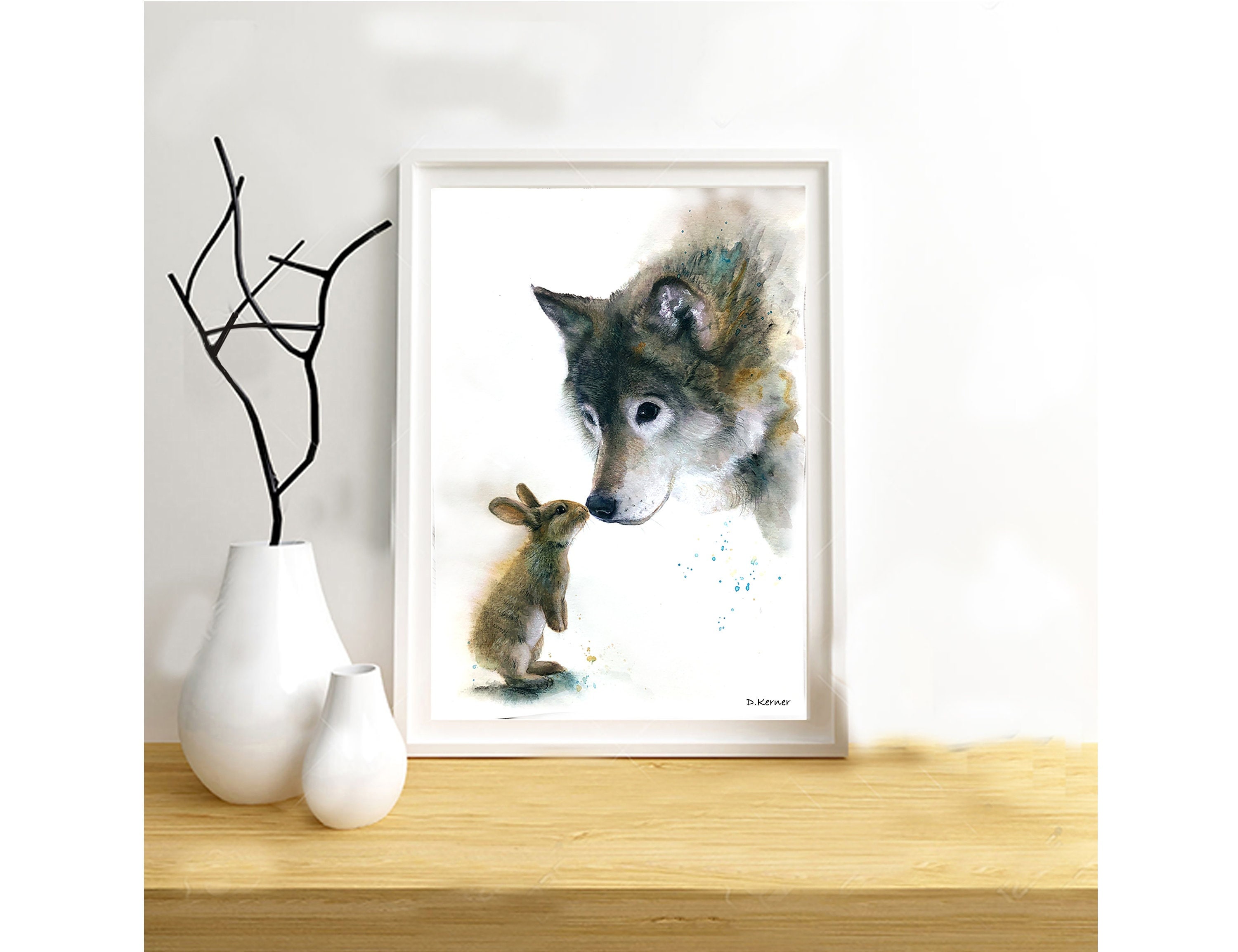 Illustration of a Wolf and a Rabbit, Printed on Drawing Paper. Wall ...
