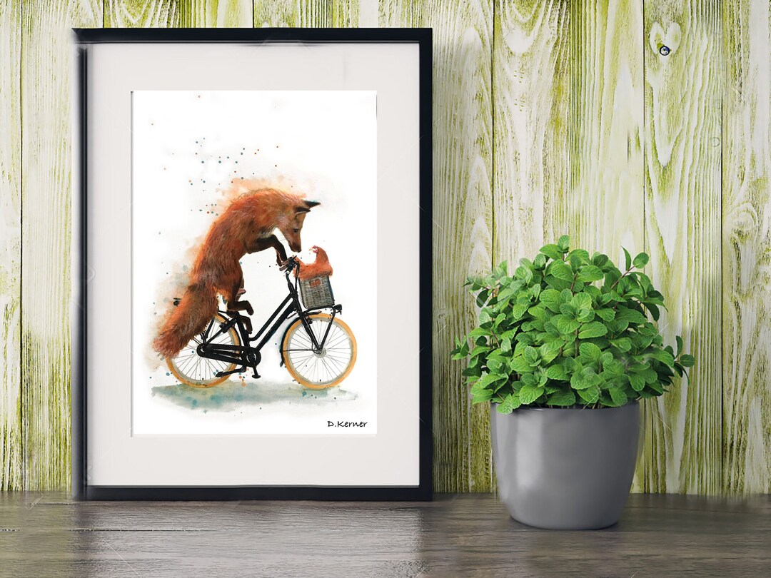 Illustration of a Fox on a Bike With a Hen , an Impression on Paper ...