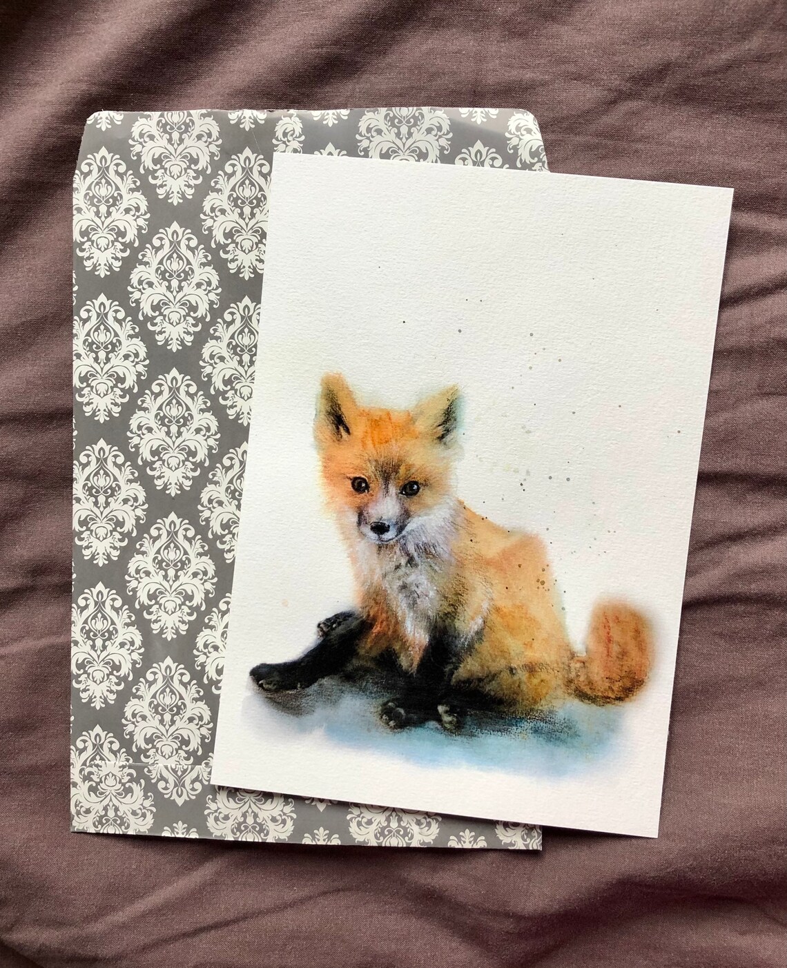 Illustration of a baby fox printing on paper drawing mixed | Etsy