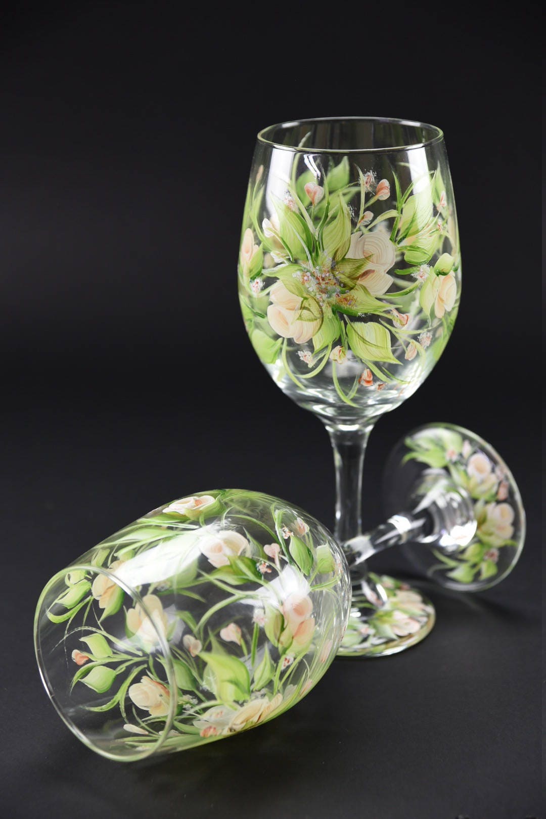 Hand Painted Large Wine Glass / Soft Creamy White Rosebuds | Etsy