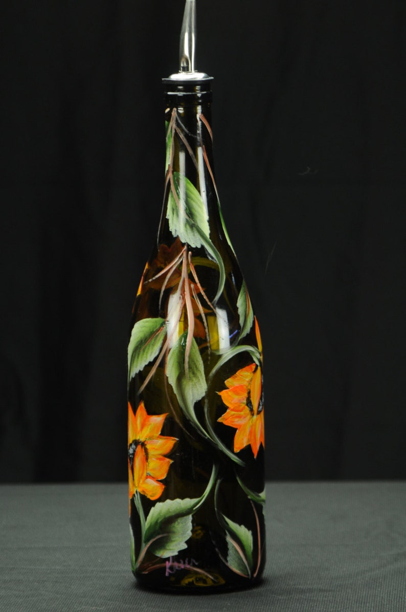 Hand Painted Tall Round Oil Bottle / Sunflowers on Brown /amber Green ...