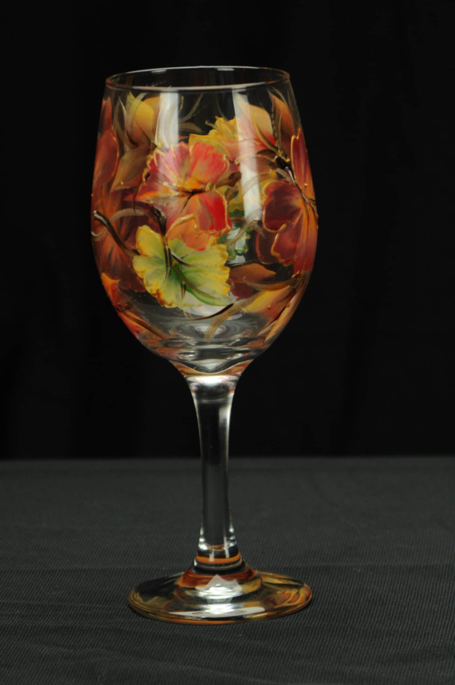 Hand Painted Large 20oz Single Wine Glass / Colorful Fall Leaves on ...