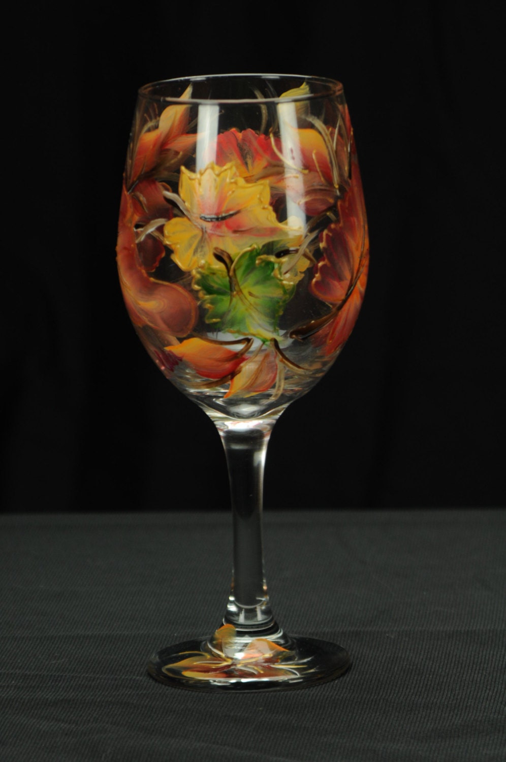 Hand Painted Large 20oz Single Wine Glass / Colorful Fall Leaves on ...