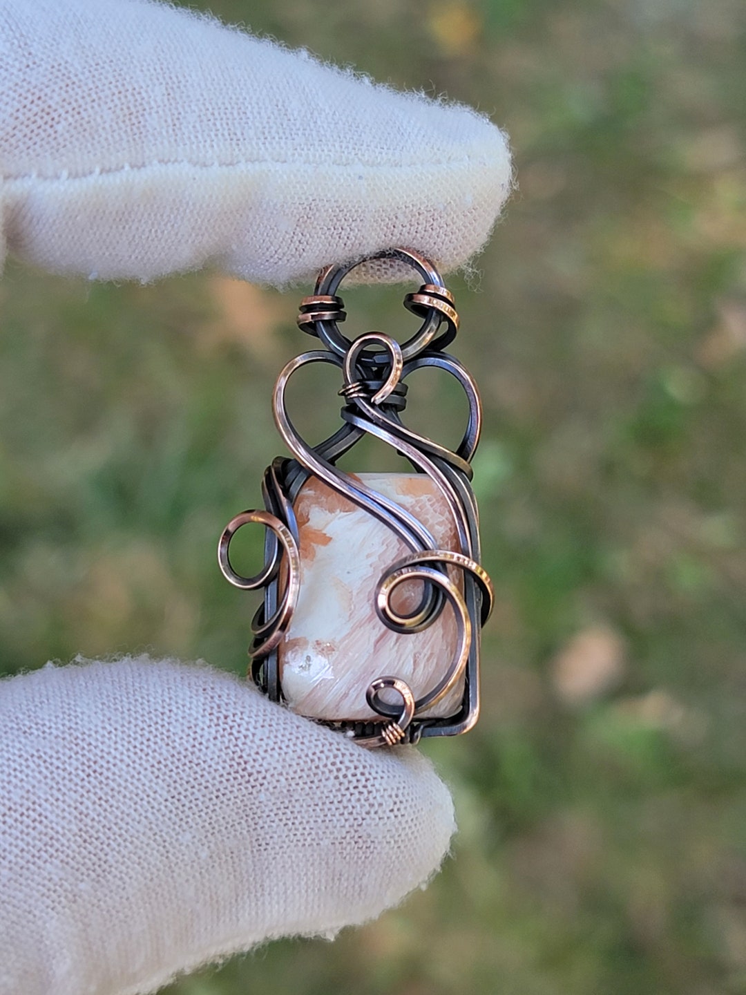 Pink Scolesite Necklace 'tyet' Wire Wrap Pendant Oxidized Copper ...