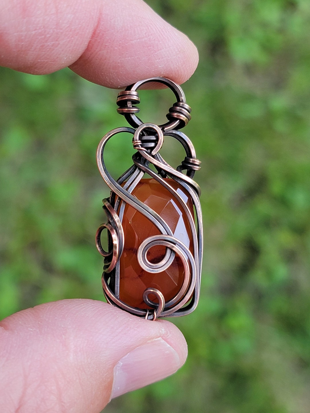 Faceted Carnelian Necklace - 'tyet' Wire Wrap Pendant - Oxidized Copper ...