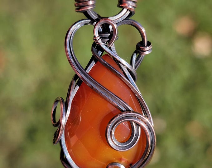 Faceted Carnelian Necklace - 'tyet' Wire Wrap Pendant - Oxidized Copper ...