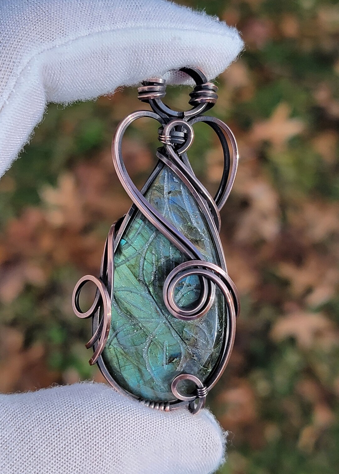 Carved Labradorite 'tyet' Wire Wrap Pendant Oxidized Copper - Etsy