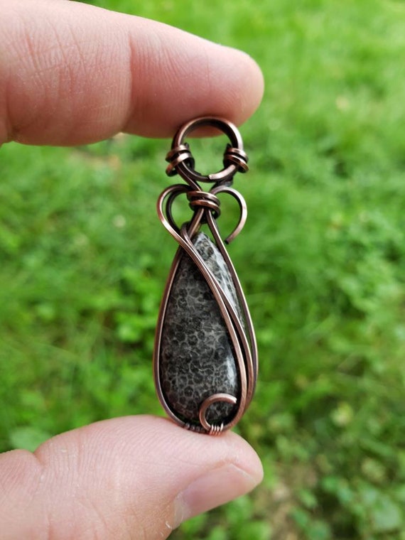 Black Fossil Coral Teardrop 'tyet' Wire Wrap Pendant | Etsy