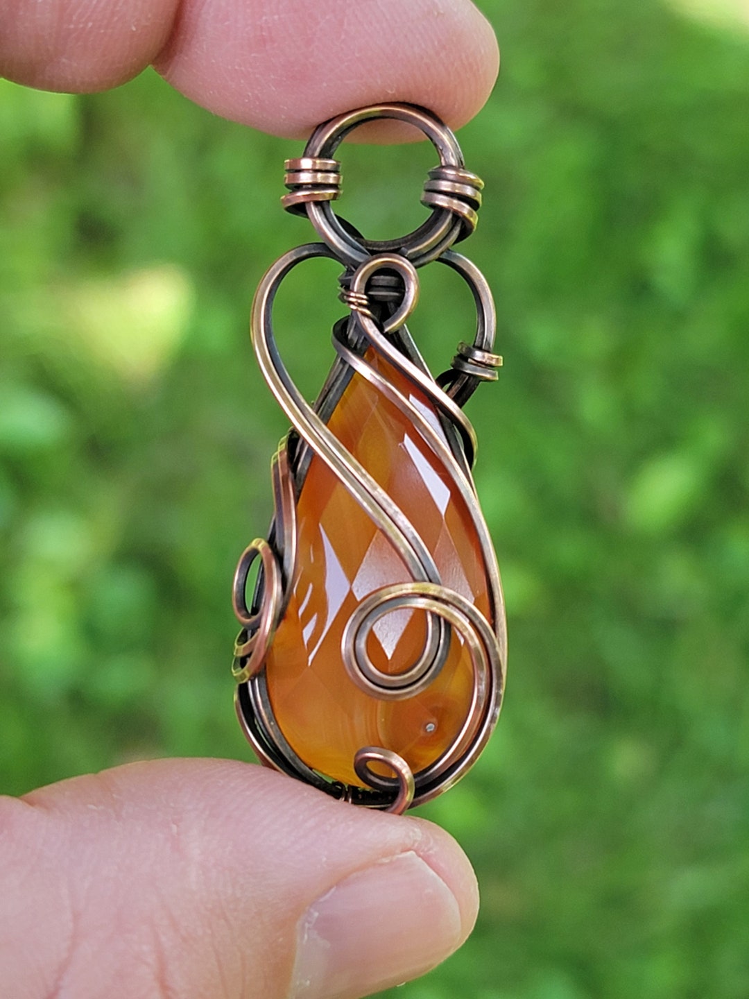 Faceted Carnelian Necklace 'tyet' Wire Wrap Pendant Oxidized Copper ...