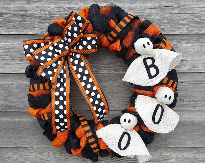Burlap Halloween Wreath, Ghost Wreath, BOO Wreath, Fall Wreath, Autumn ...