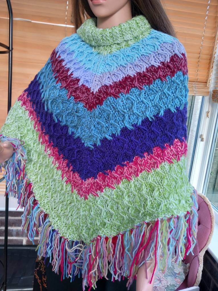Retro Style Poncho Textured Slip Stitch Pattern in a Rainbow - Etsy