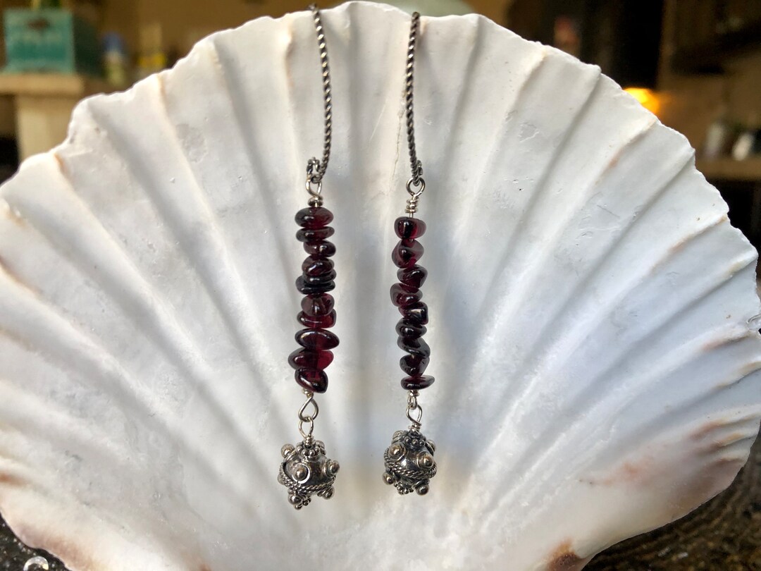 Garnet Drop Earrings With Sterling Silver Gothic Bali Silver Bead and ...
