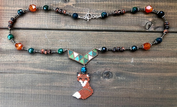 Miyuki Seed Bead Fox Necklace With Gemstones | Etsy