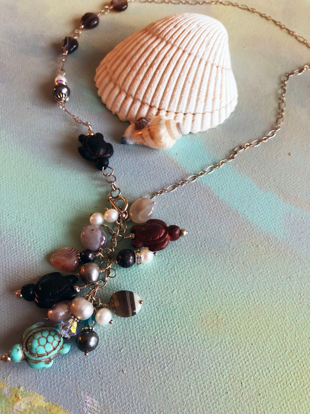 Ocean Pendant Necklace Sea Turtles Freshwater Pearls Banded Agate ...