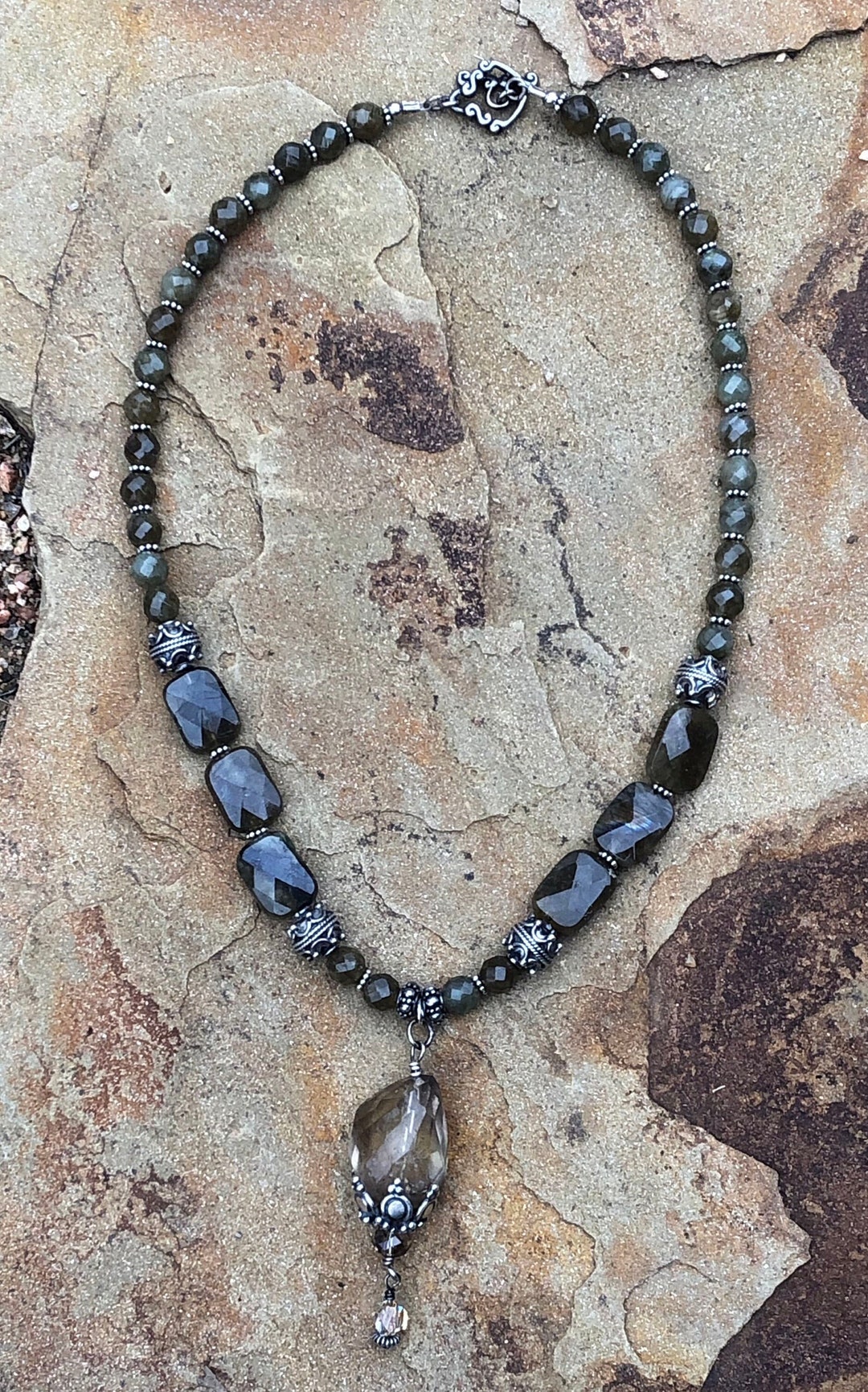 Smokey Quartz Faceted Pendant Necklace Bali Sterling Silver Labradorite ...