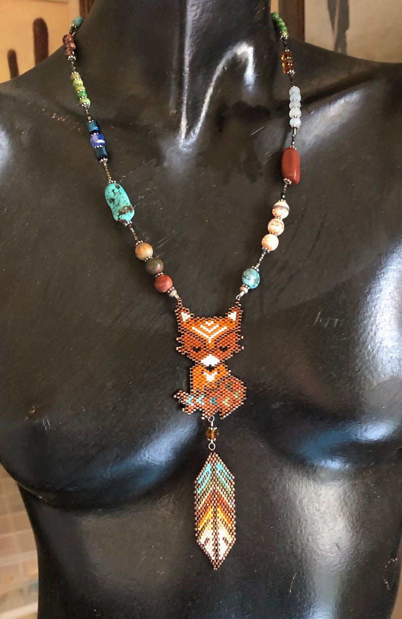 Peyote Stitch Red Fox Necklace: Gemstone Beaded, Southwest Style - Etsy