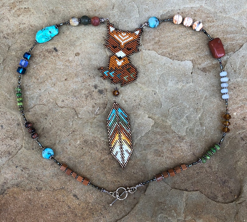 Seed Bead Red Fox Feather Necklace Gemstone Beaded Necklace Southwest ...