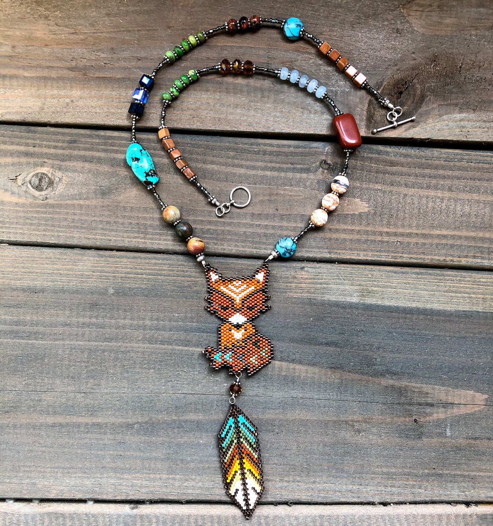 Peyote Stitch Red Fox Necklace: Gemstone Beaded, Southwest Style - Etsy