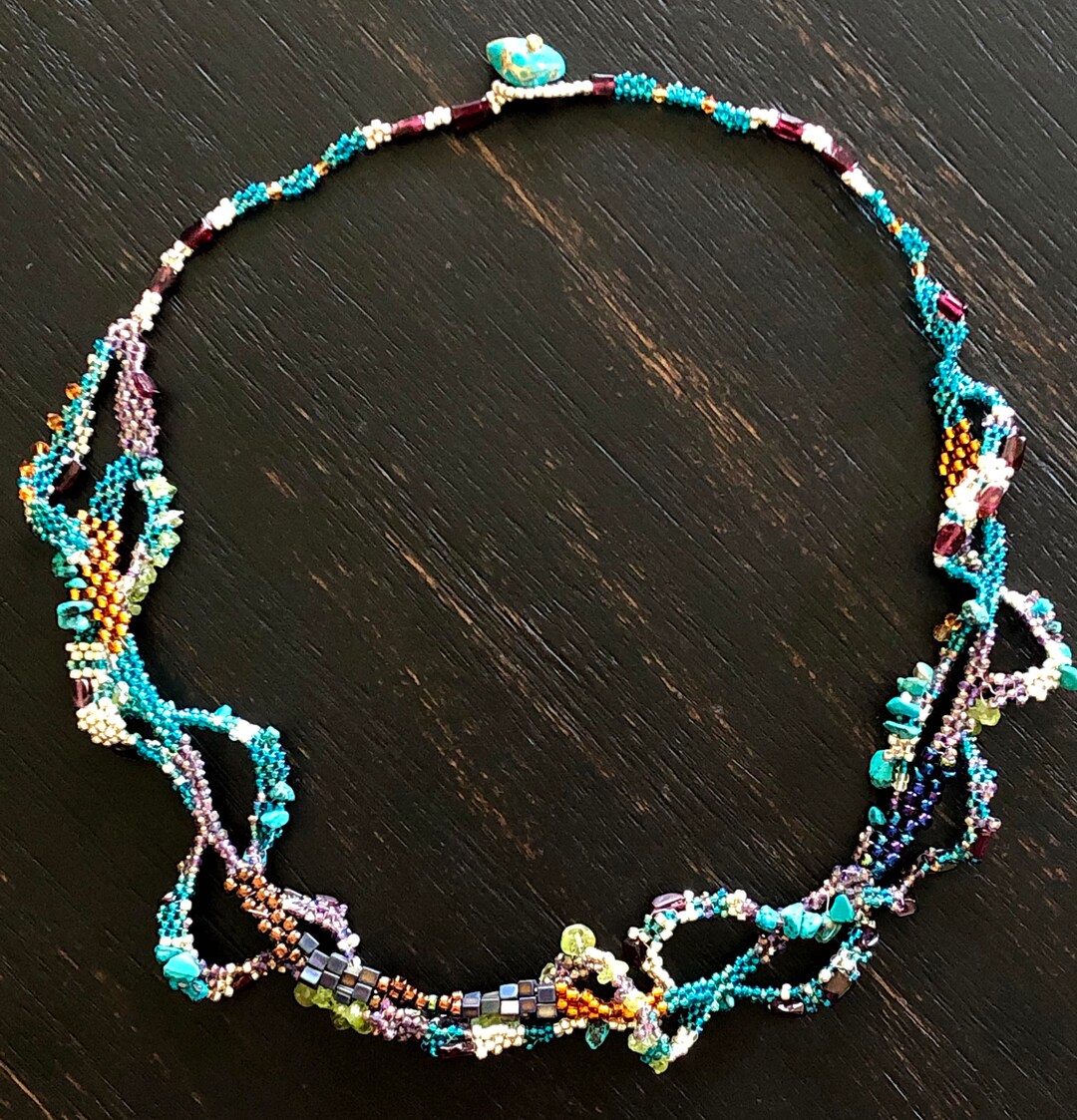 Freeform Peyote Stitch Necklace With Garnets, Peridot and Turquoise ...