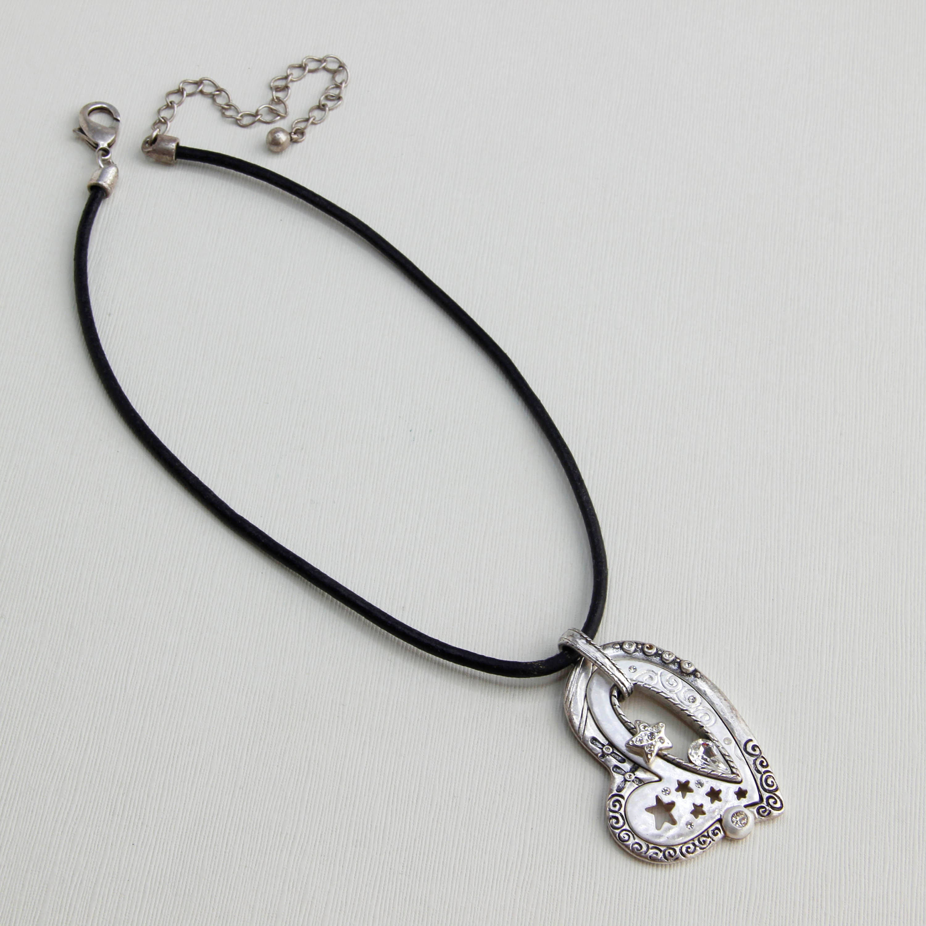 Chunky Silver Heart Necklace Leather Cord, Vintage Costume Jewelry ...