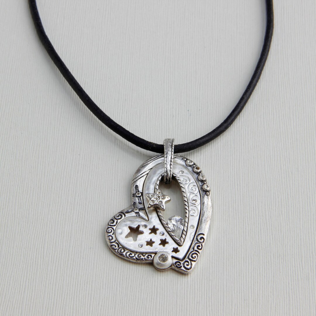 Chunky Silver Heart Necklace Leather Cord, Vintage Costume Jewelry ...