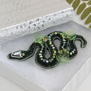 Green Snake Embroidered Brooch - Serpent Jewelry Handmade Beaded Lapel ...