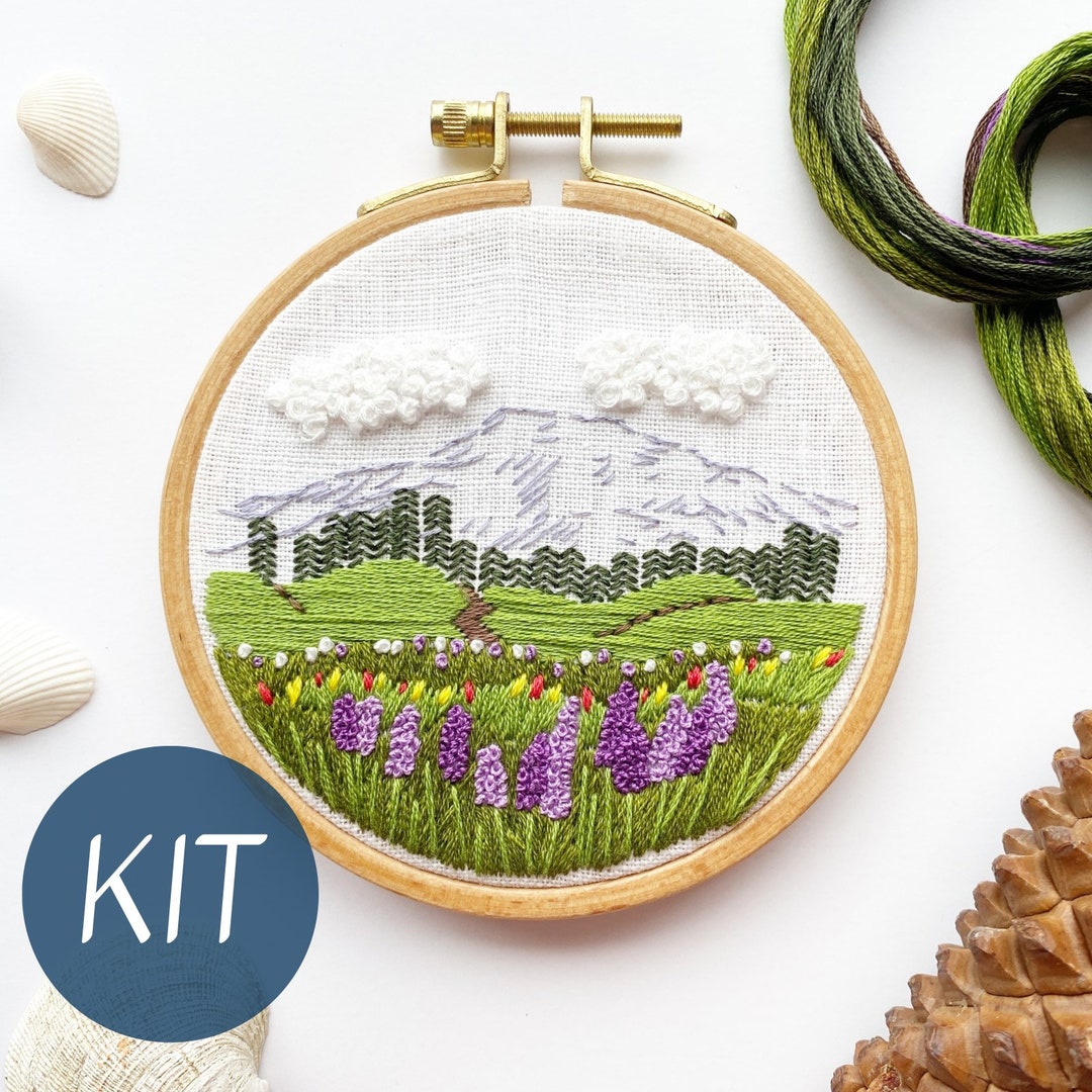 Embroidery Kit for Beginners, Mount Rainier Landscape, Full Embroidery ...