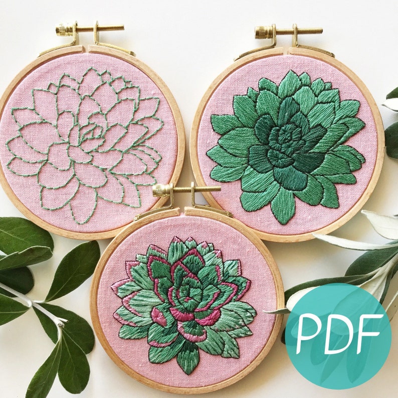 Embroidery Pattern PDF Sweet Succulents Echeveria Hand Embroidery Three ...