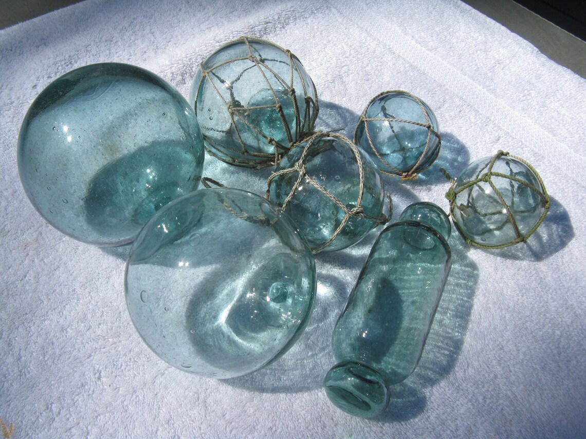 Starter Group of 7 Japanese Glass Fishing Floats, 2.5"-5" Glass Floats ...