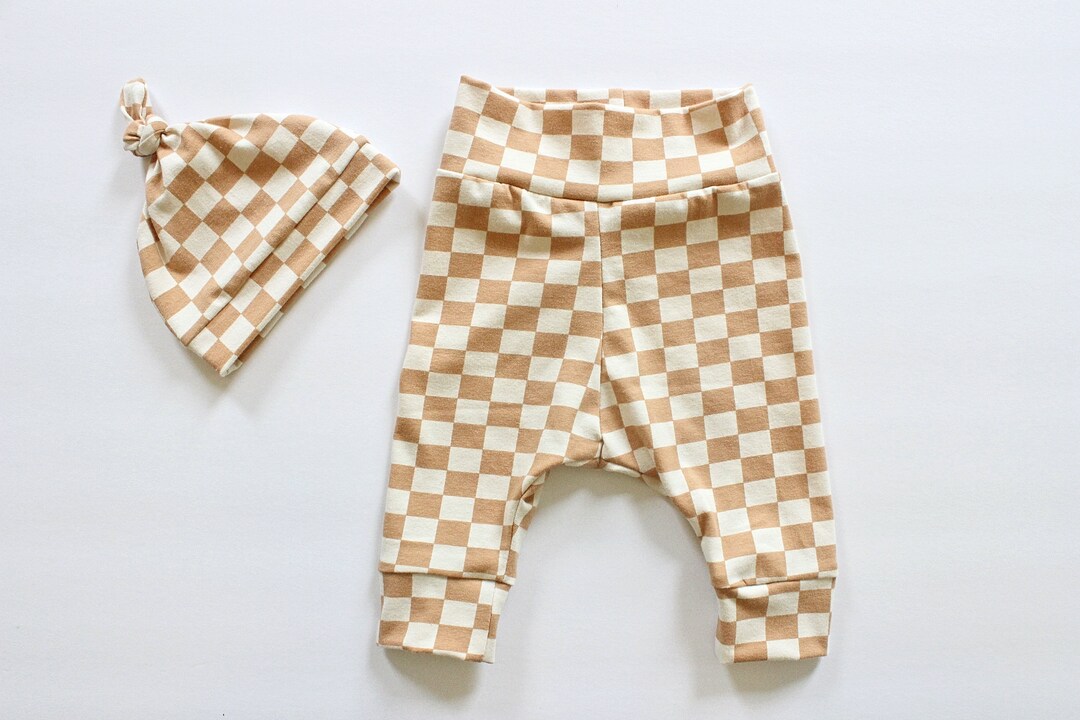 Baby Pants in Organic Creamy Checks Print, Newborn Gift, Baby Top Knot ...