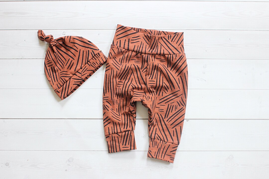 Baby Pants in Organic Rust Spikes Print, Newborn Gift, Baby Top Knot ...