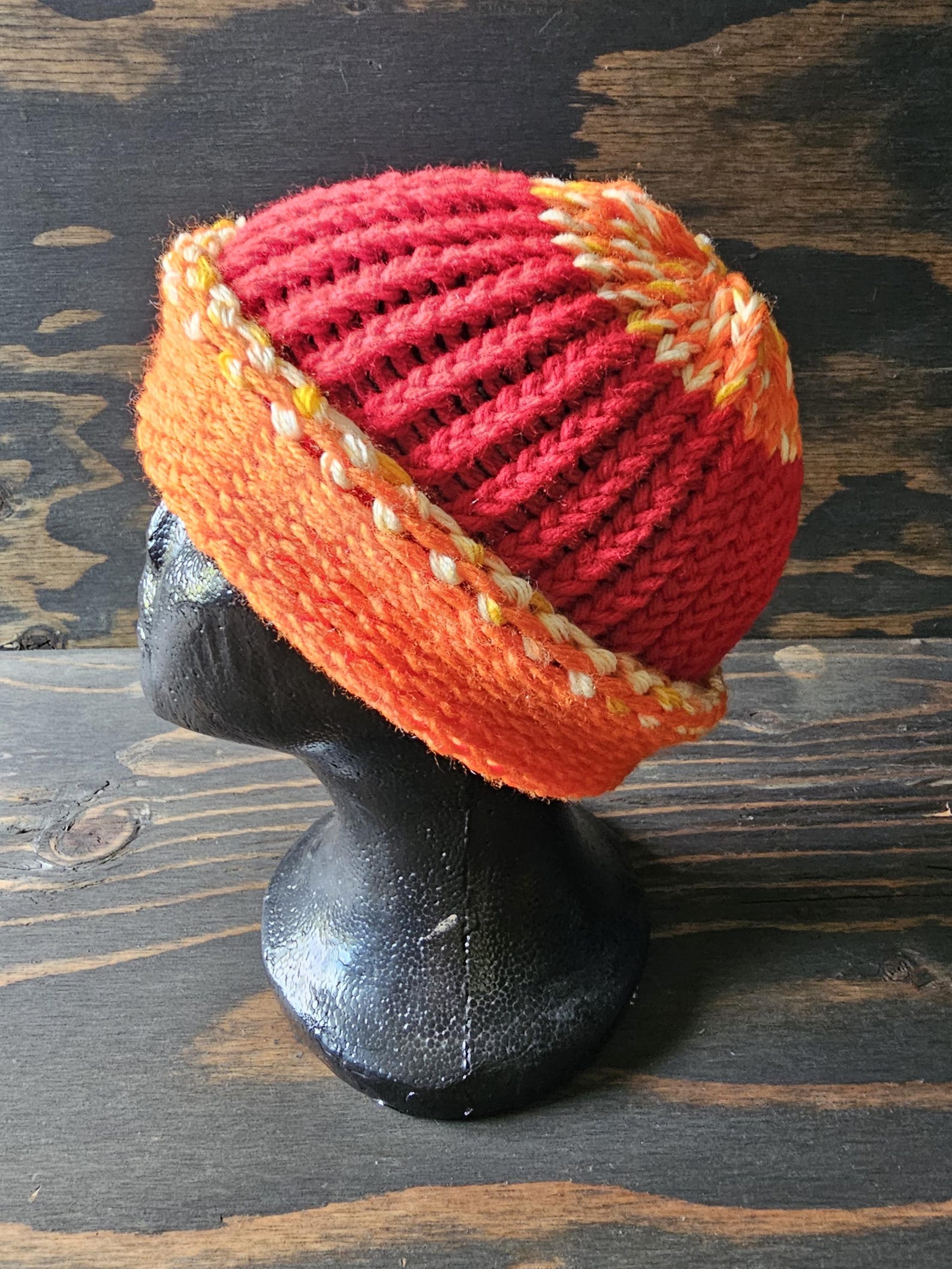 Hand Knitted Hat, Surfer Beanie, Medium, Striped, Orange, Yellow, Red ...