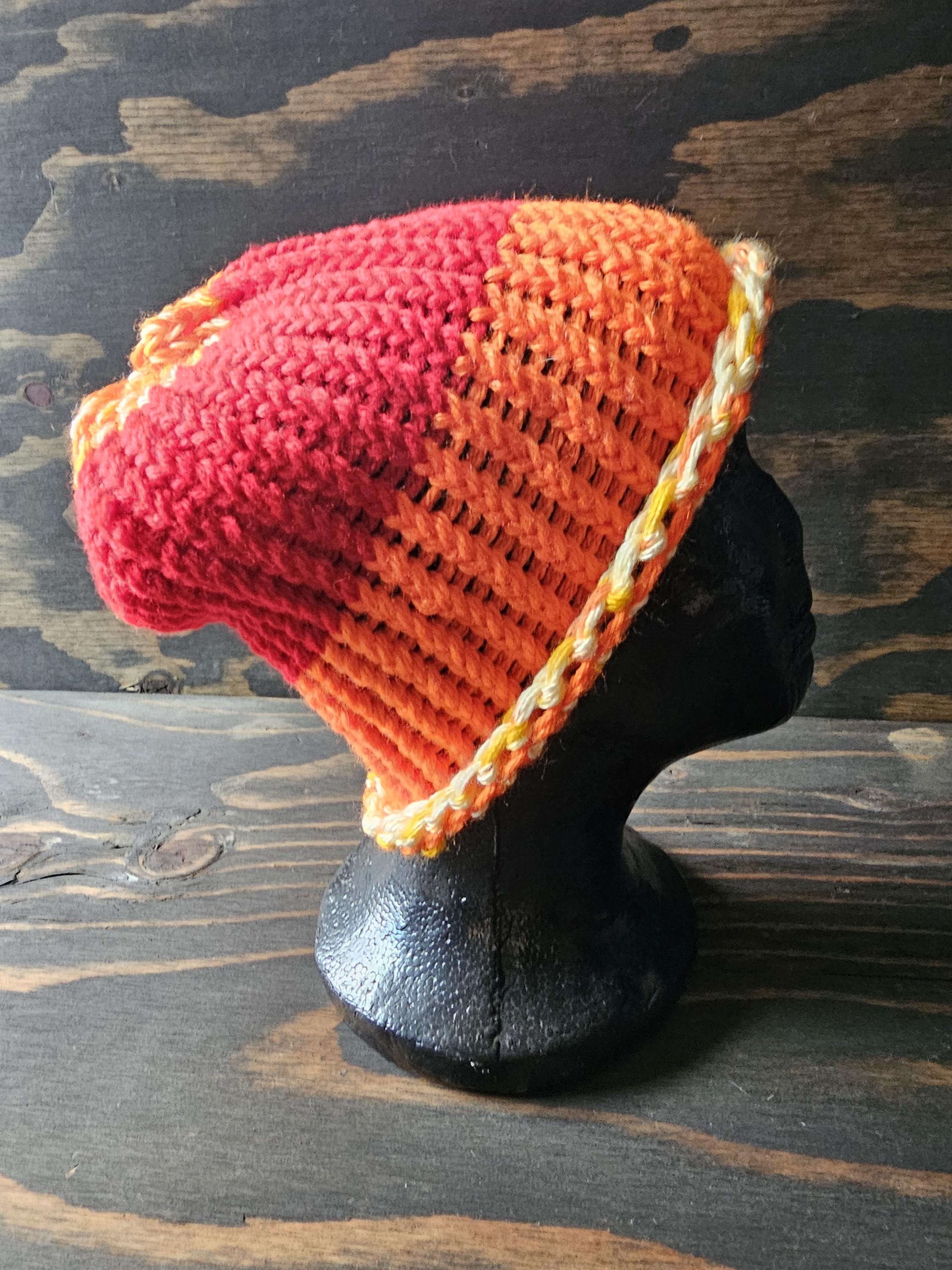 Hand Knitted Hat, Surfer Beanie, Medium, Striped, Orange, Yellow, Red ...