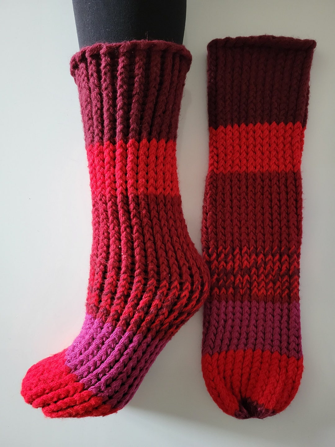 Hand Knitted Socks, Diabetic Sox for People With Diabetes, Striped, Red ...