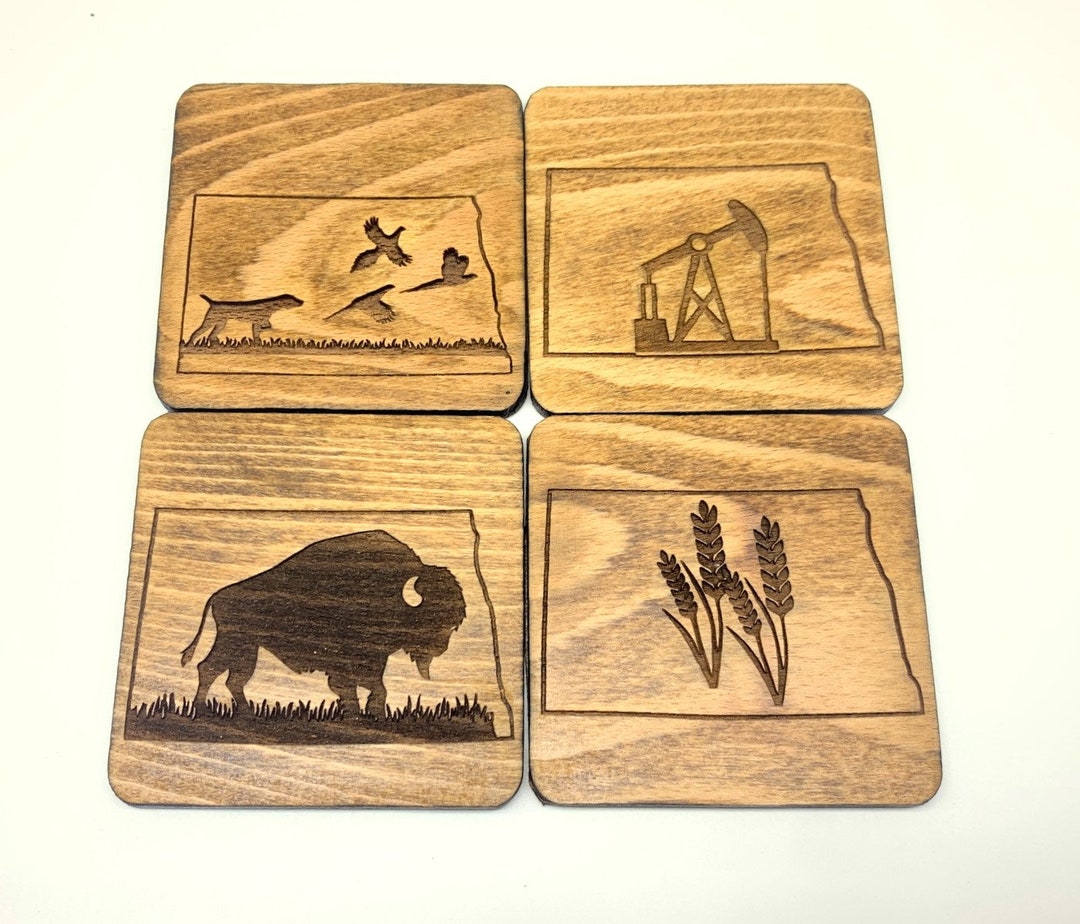 LASER ENGRAVED and CUT North Dakota Theme Coasters With Coaster Holder ...