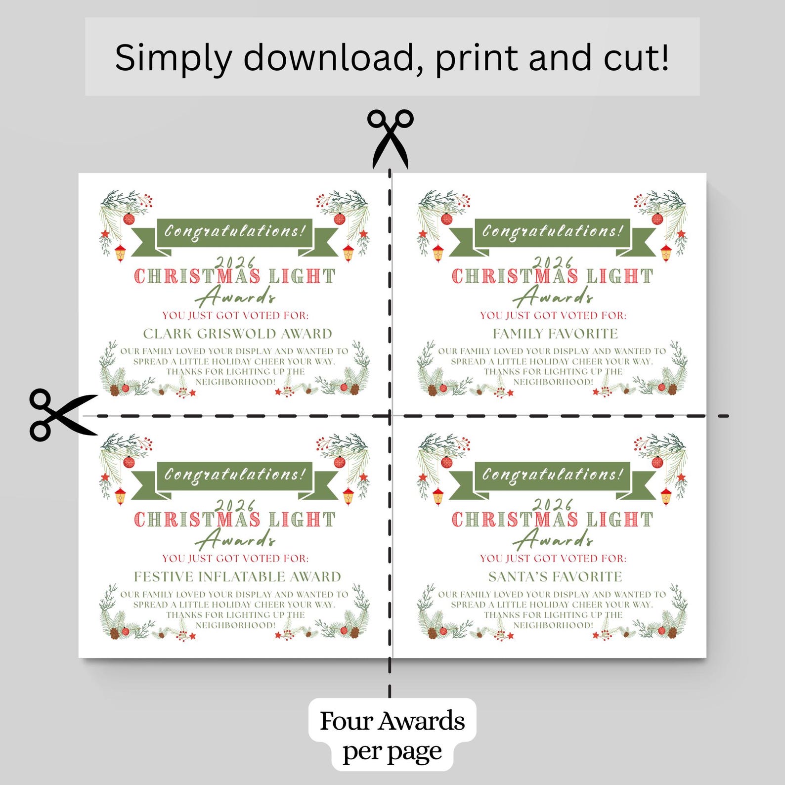 Printable Christmas Light Awards, Holiday Contest Certificates (digital ...