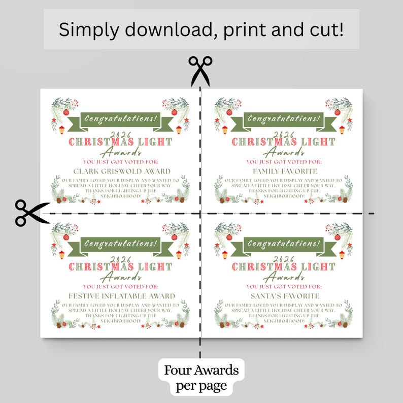 Printable Christmas Light Awards, Holiday Contest Certificates (digital ...