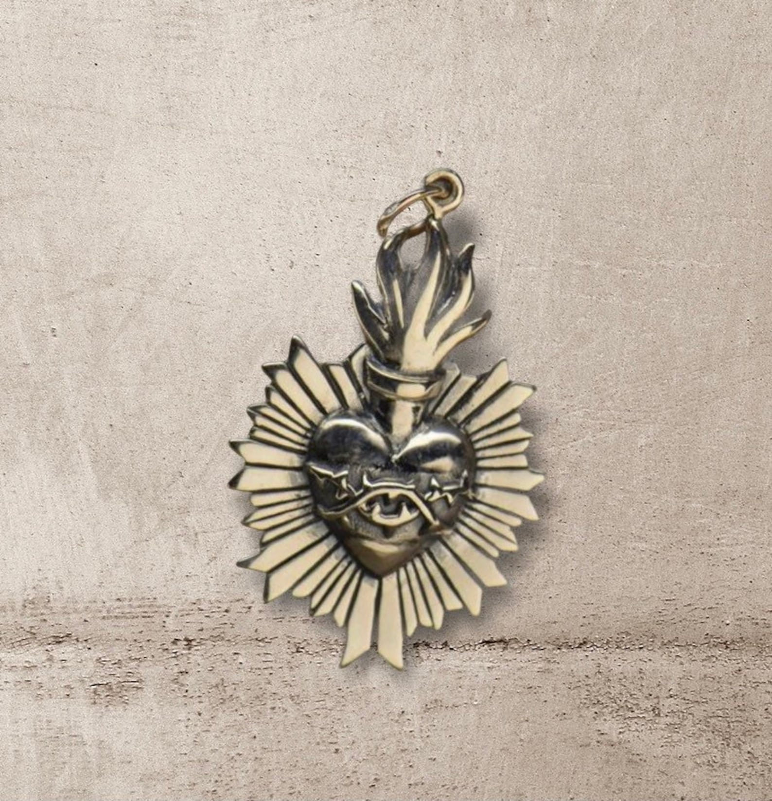 Sterling Silver Sacred Flaming Heart With Thorns Charm | Etsy