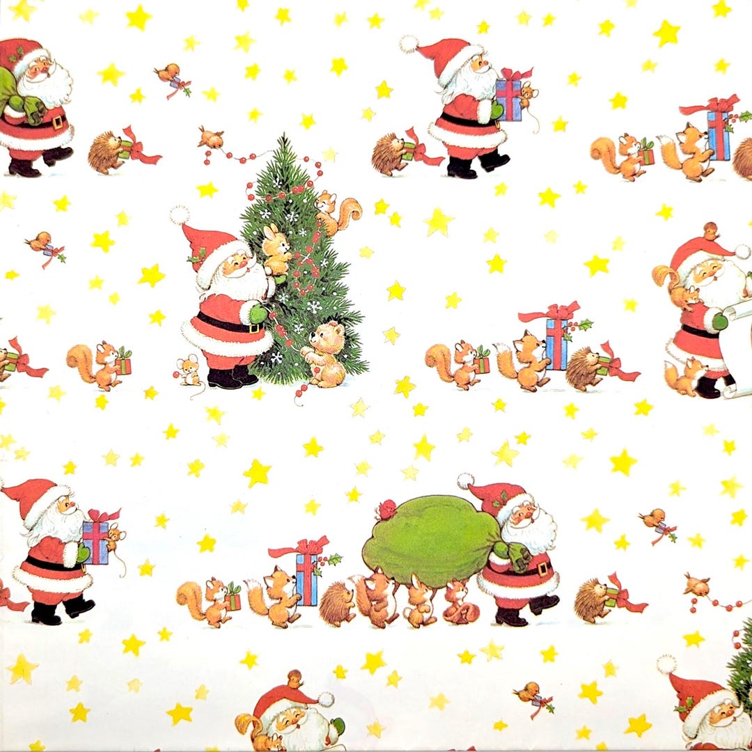 Vintage Christmas Santa and Animals Wrapping Paper Sheet, 19.5 X 29.5 ...