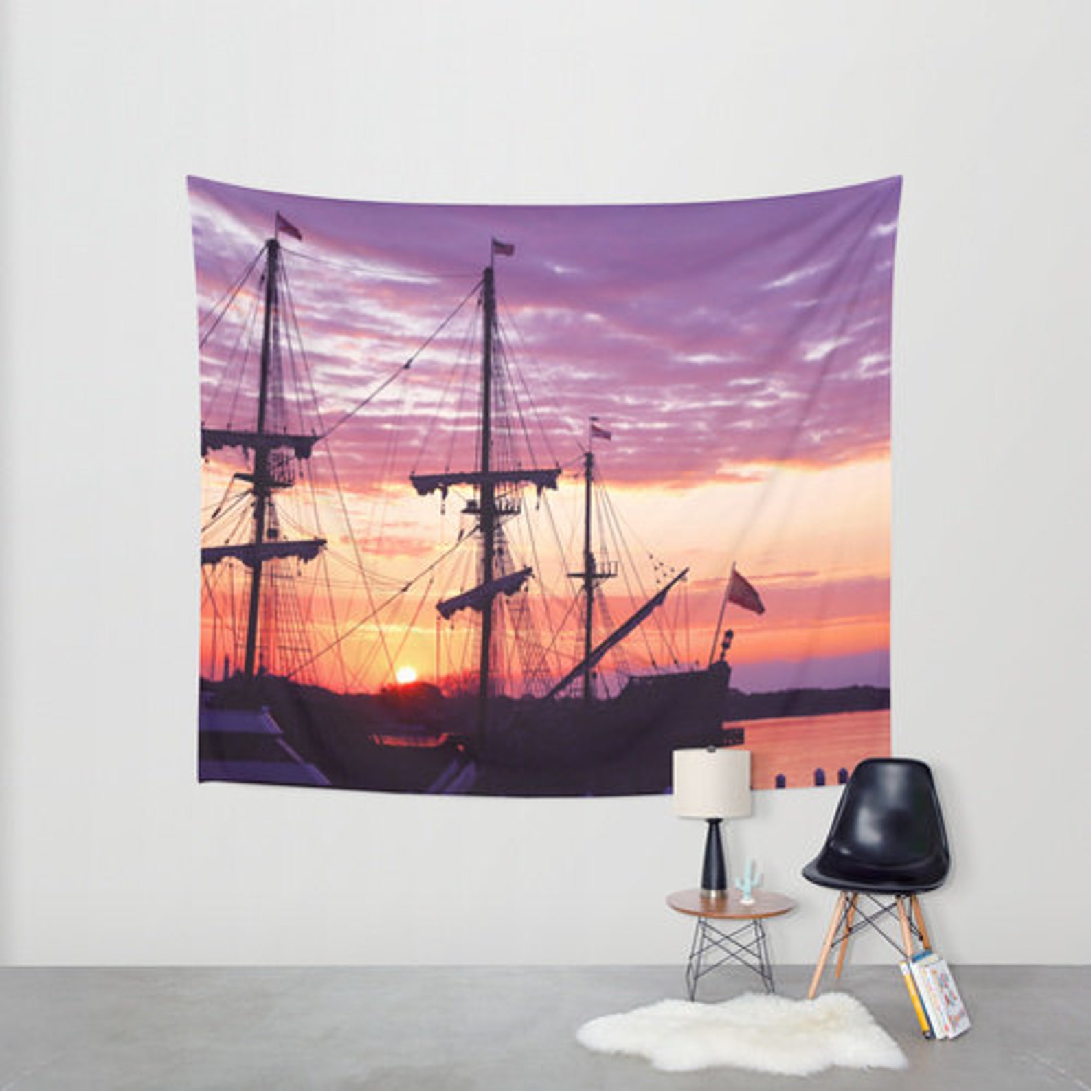 Ship Tapestry, Boat Tapestry, Pirate Ship, Purple Sunrise, Orange ...