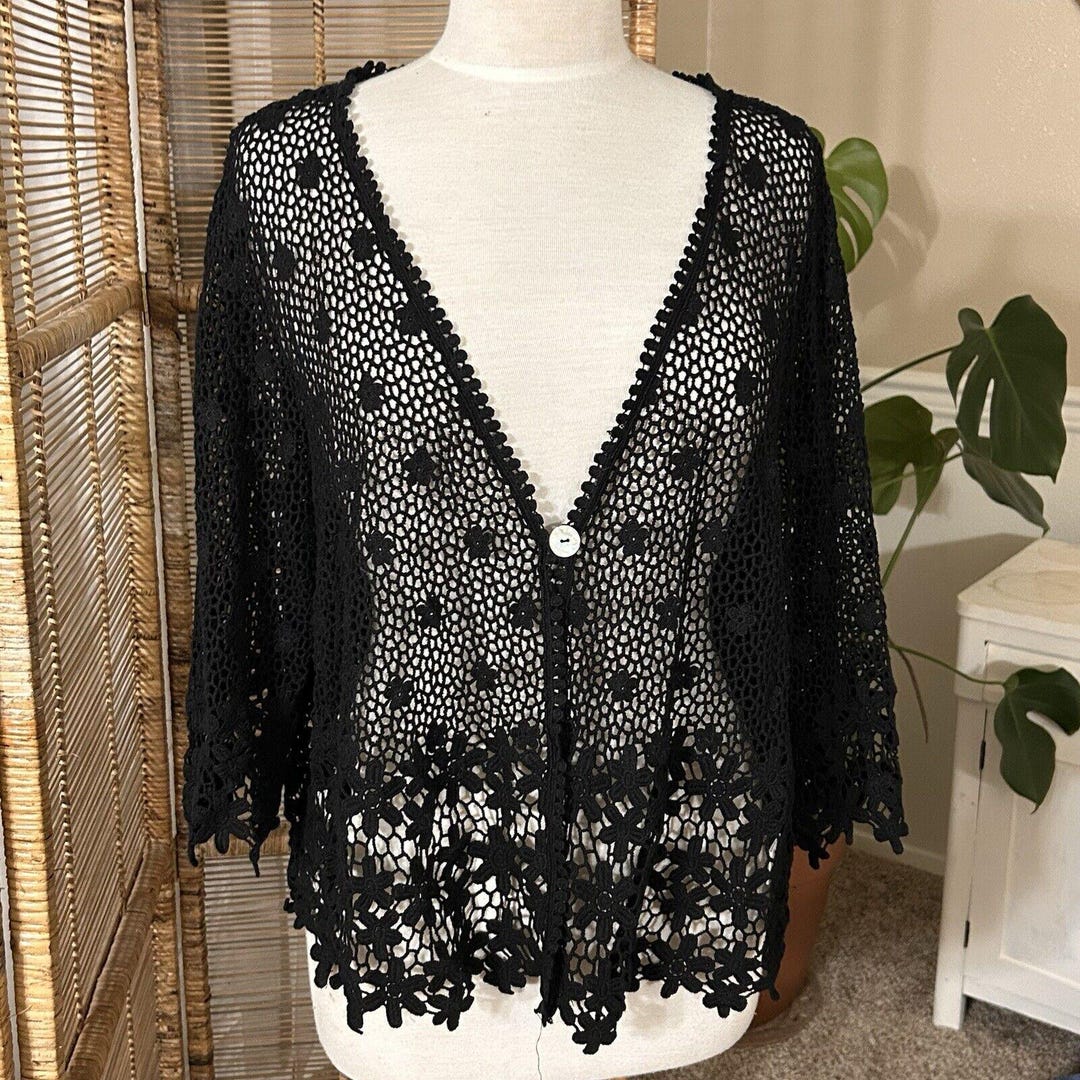 Y2K Black Rabbit Rabbit Rabbit Crochet Goth Fairy Cardigan Whimsical 3X ...