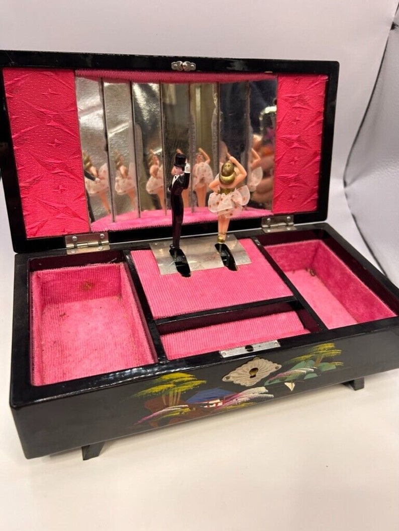Vintage Japan Black Wood Jewelry Music Box Mirror Twirling Couple Bride ...