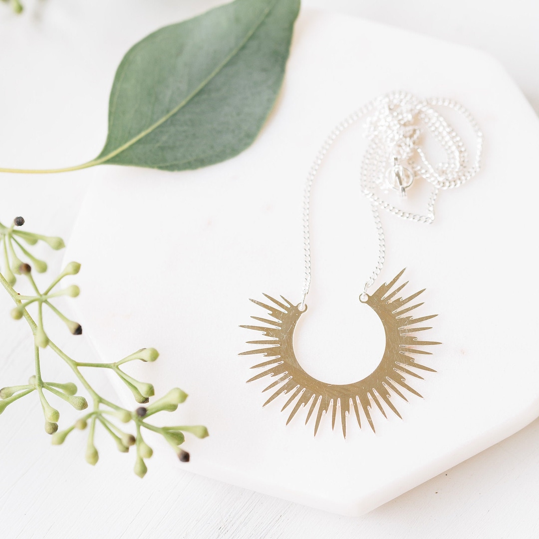 Sun Spikes Necklace Silver, Sunburst Charm, Layering Necklace, Bohemian ...