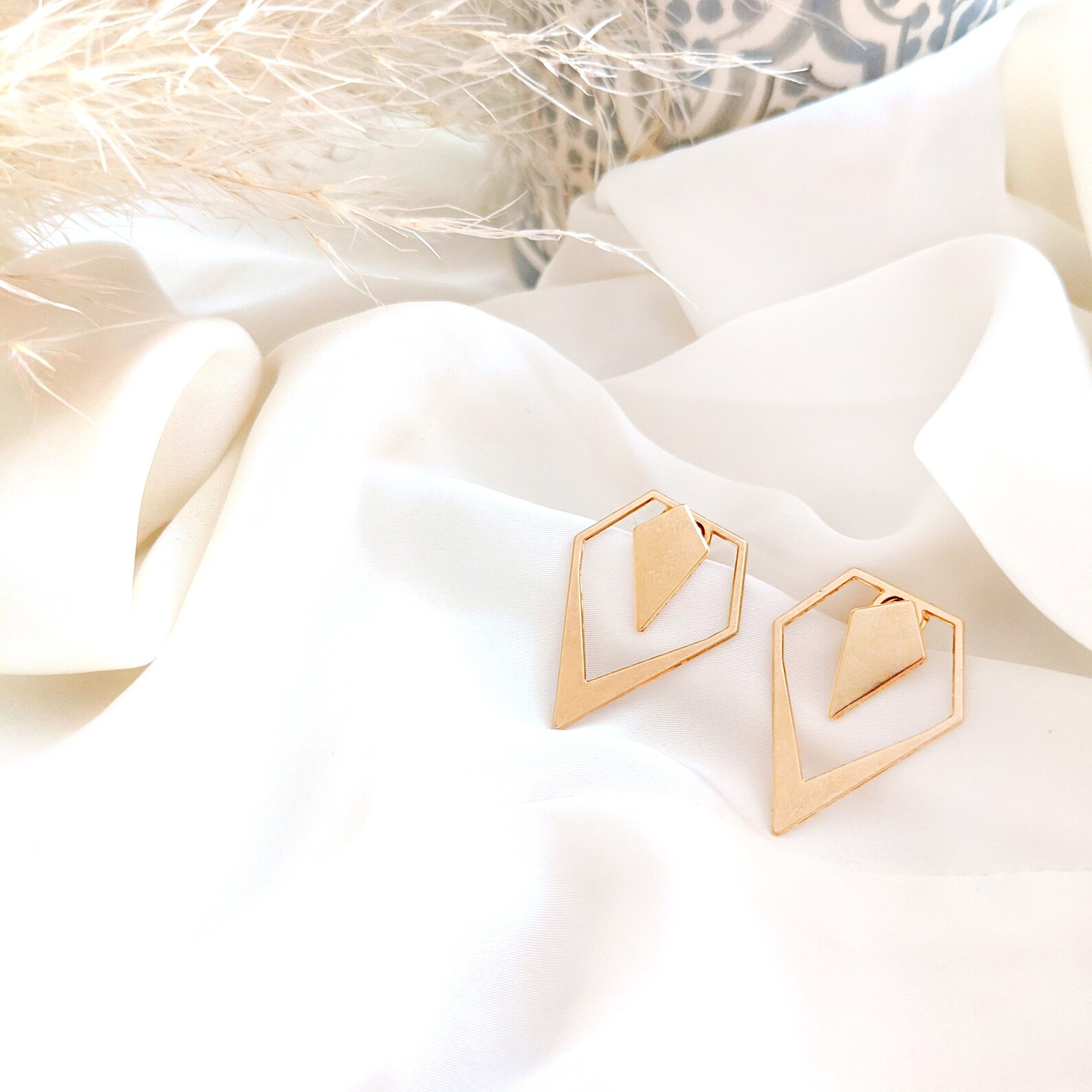 Rhombus Ear Jacket Gold, Geometric Ear Jacket Earrings, Minimalist ...