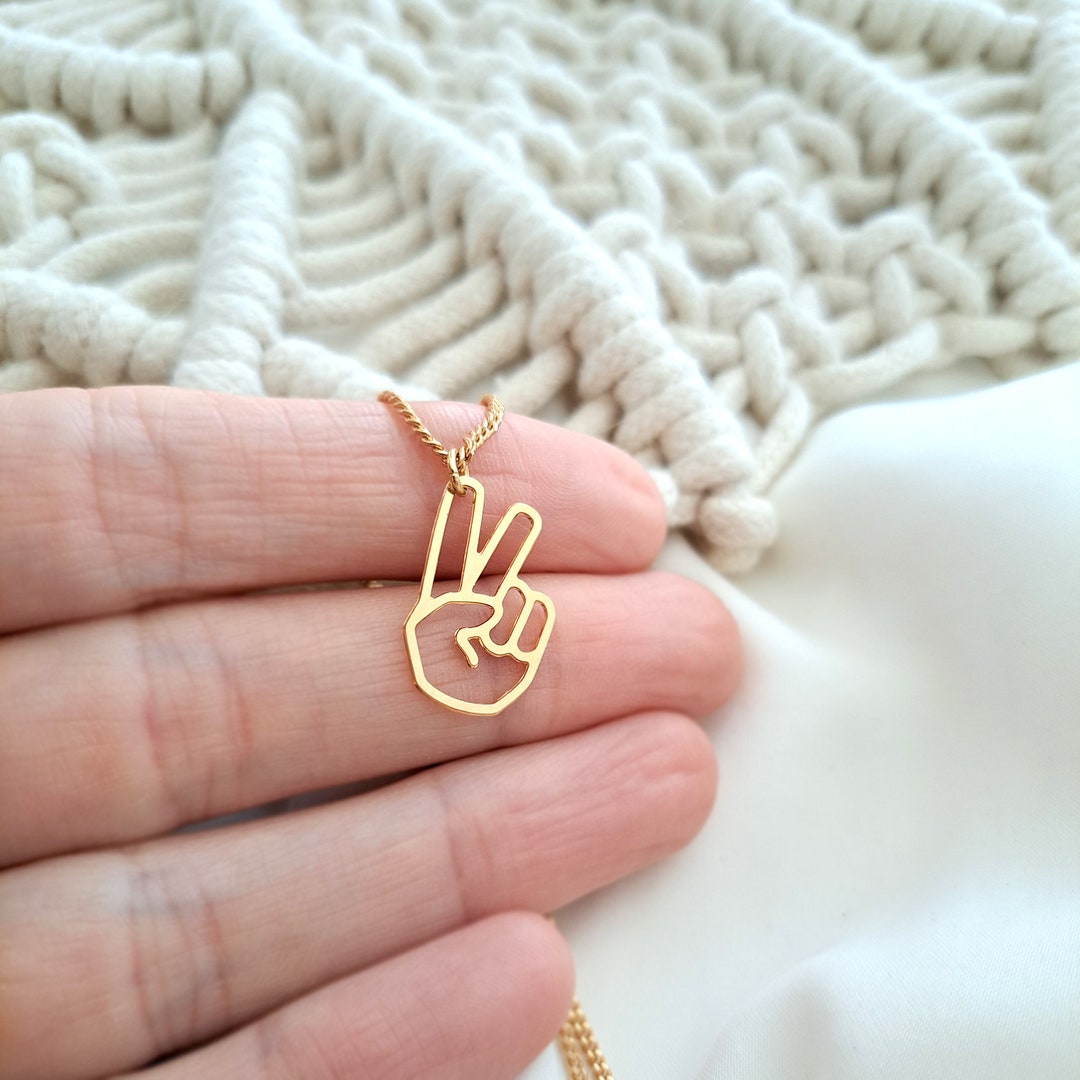 Peace Sign Gold Necklace: ASL Hand Gesture Charm - Etsy