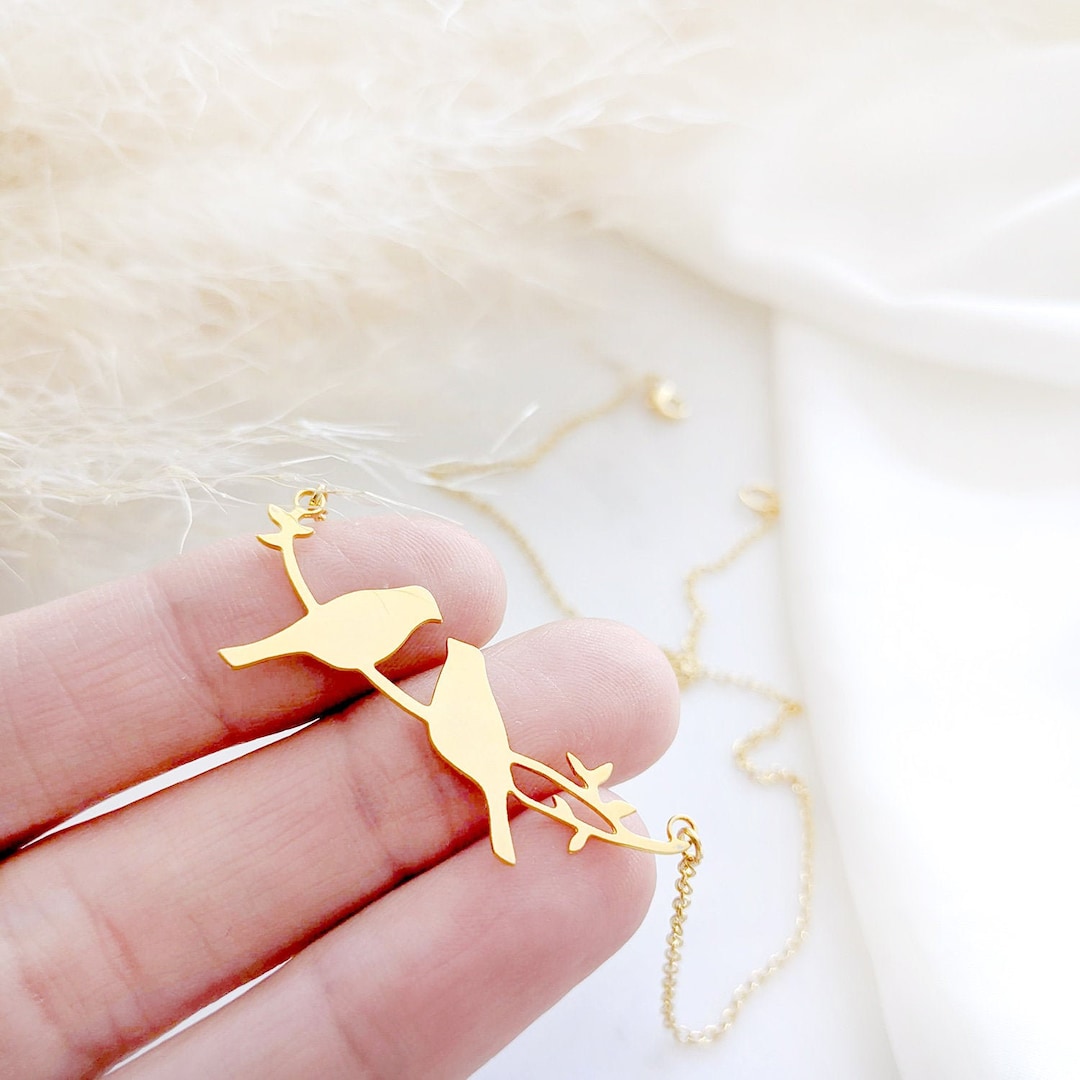 Love Birds Necklace- A Gold Charm of Two Love Birds Sitting on a Branch ...