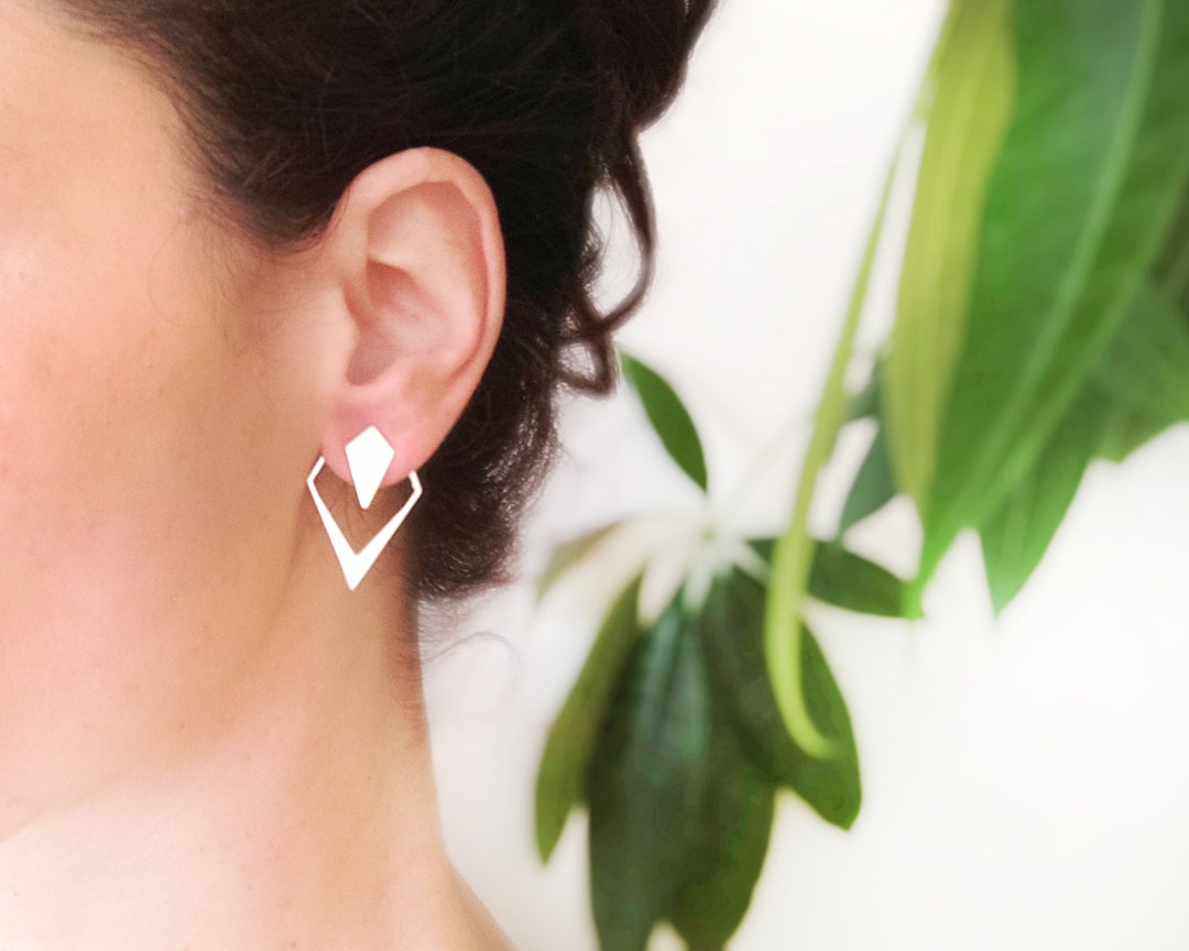 Geometric Rhombus Ear Jacket Earrings: Silver Plated Brass, 925 Silver ...