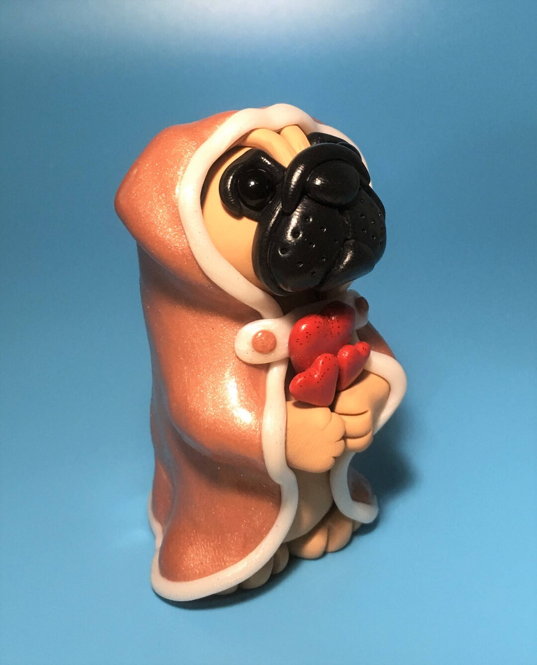 Handmade Polymer Clay Pug Sculpture: Rose Gold Robe, Hearts - Etsy UK