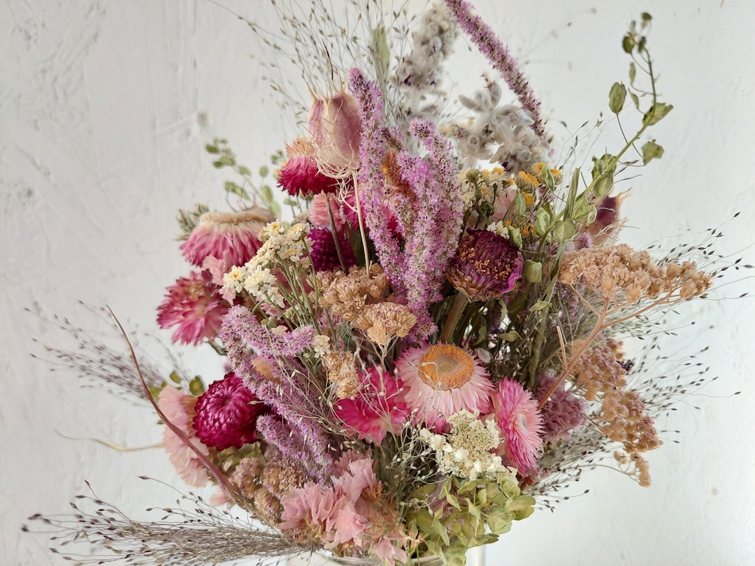 Soft Pink Dried Flower Bouquet With Pink Strawflowers, Pink Zinnia ...